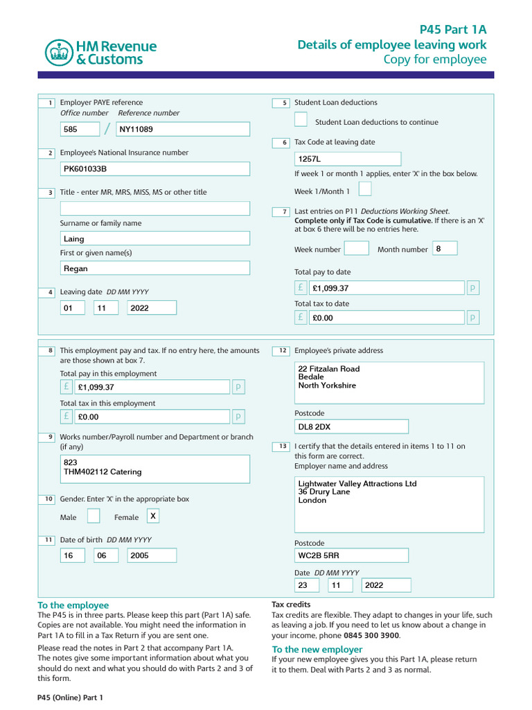 P45 - Regan Laing | PDF | Payroll Tax | Government