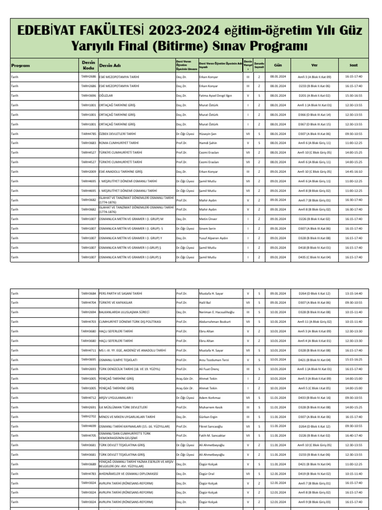 Final Sinav Programi - 638397925768318936 | PDF