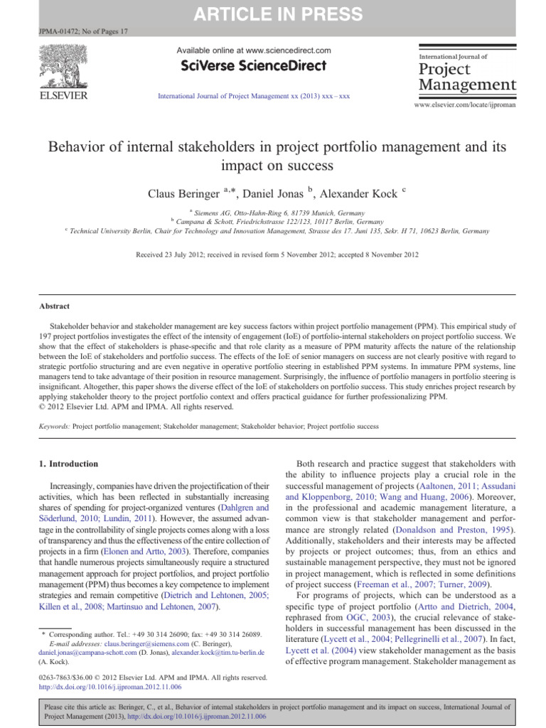 Behavior of Internal Stakeholders in Project Portfolio Management and ...