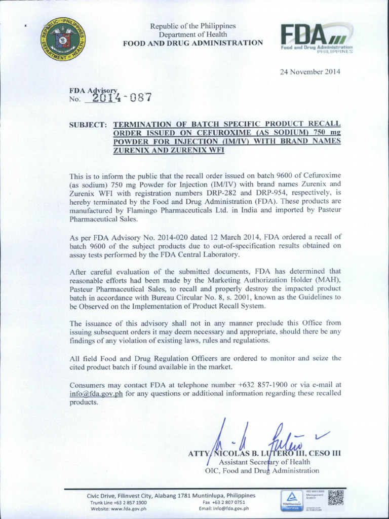 FDA Advisory No. 2014 087 | PDF