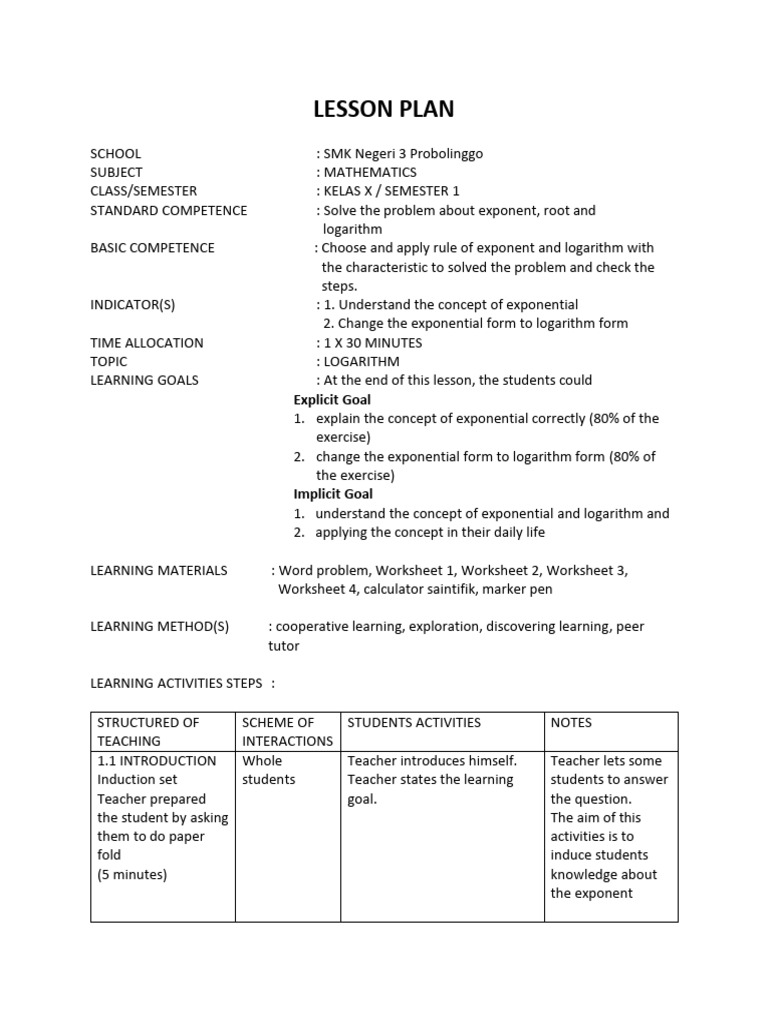 Report Lesson Plan Matematika | PDF | Exponentiation | Teachers