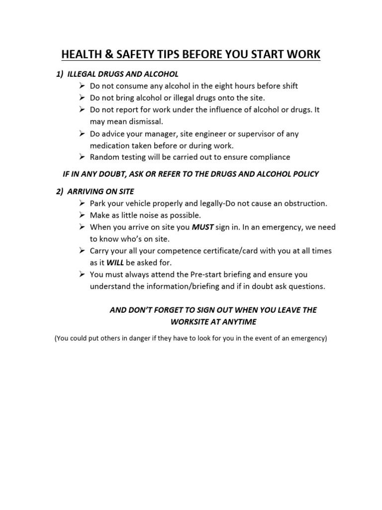 Health & Safety Tips Before Starting Work | PDF