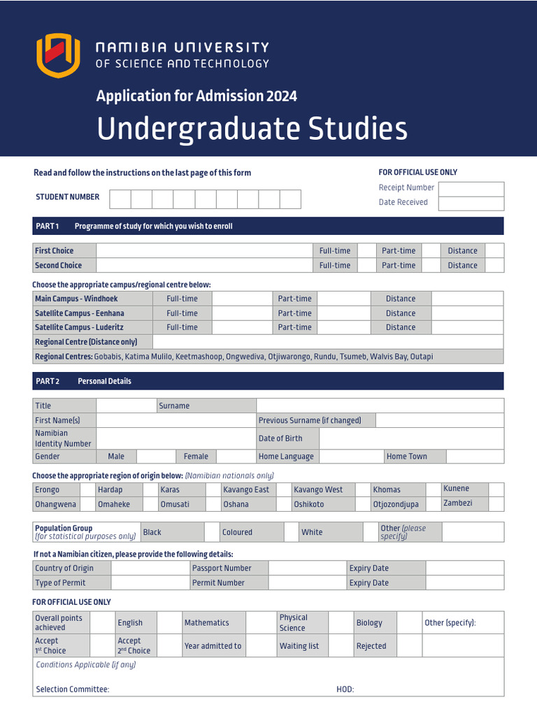 Undergraduate Application Form 2024 | PDF | Indemnity | Namibia