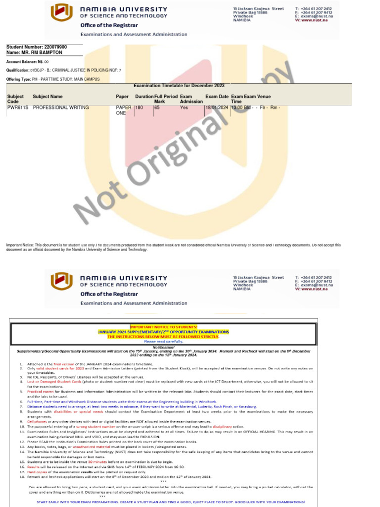 NUST Student Exam Timetable 2023 | PDF | Business | Finance & Money ...