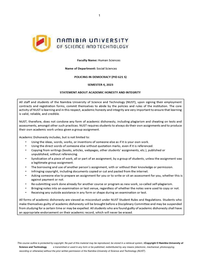 Course Outline PID 621 S Final 2023 | PDF | Academic Dishonesty | Plagiarism