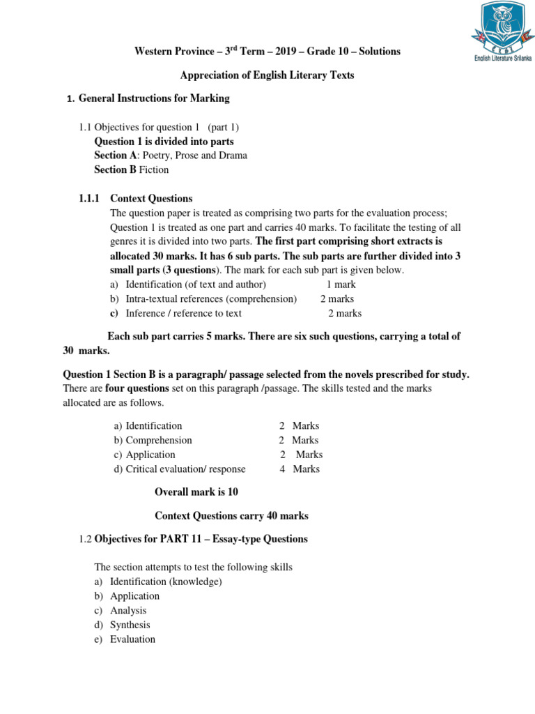 2019 3rdterm EnglishLiterature G10 Answers EM 1 | PDF | Reading ...