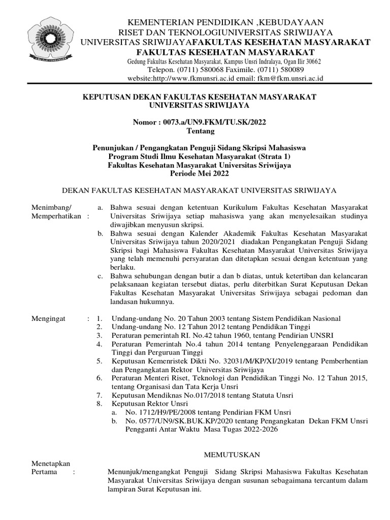 Penguji Sidang Skripsi FKM Unsri Mei 2022 | PDF | Sains & Matematika