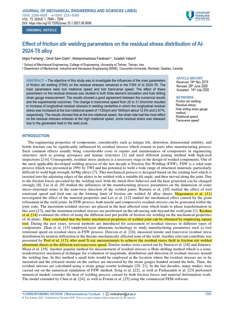 Effect of Friction Stir Welding Parameters On The Residual Stress ...