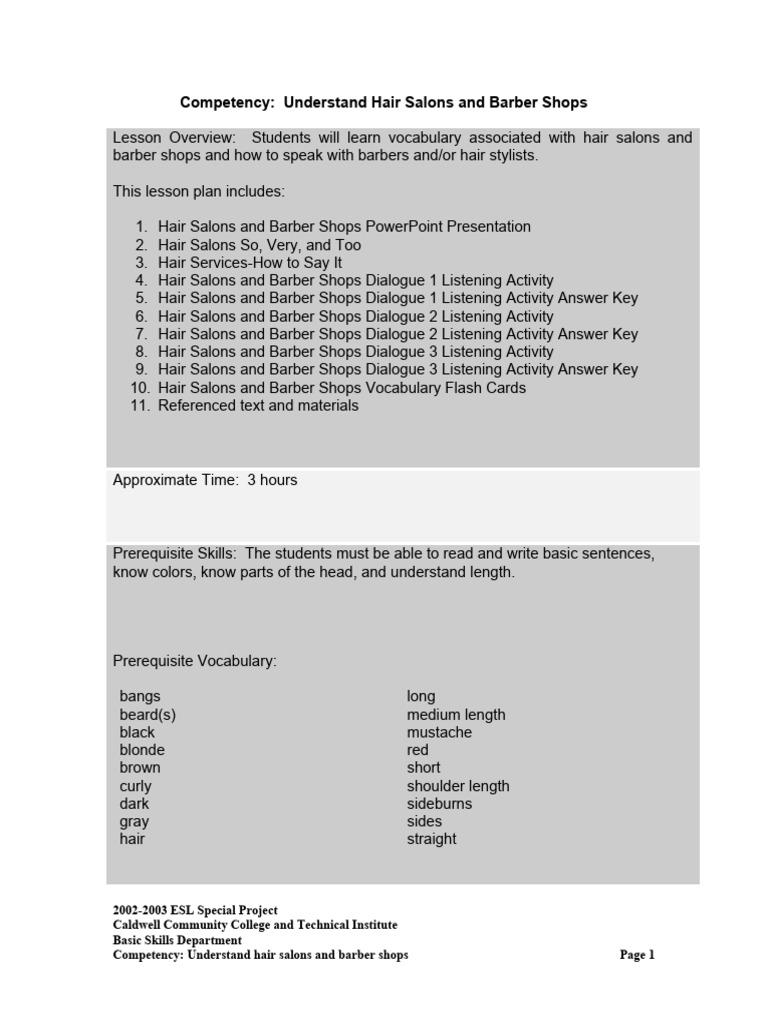 Lesson Understandhairsalonsbarbershops | PDF | Hair | Worksheet