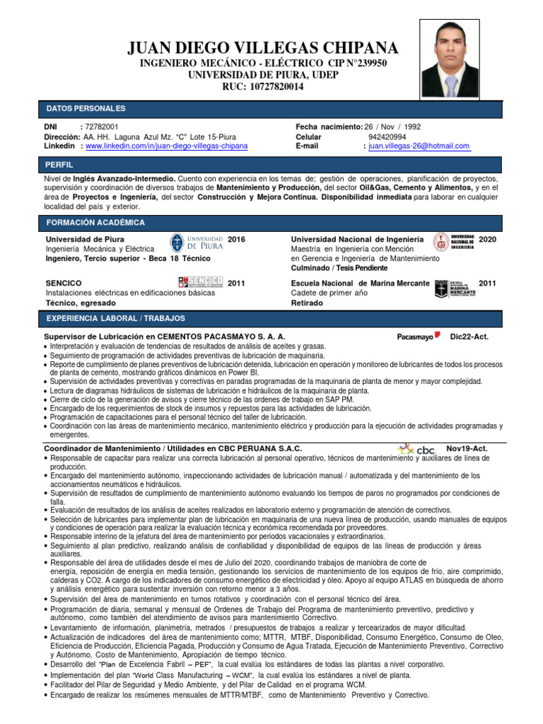 CV Juan Diego Villegas Chipana | PDF | Ingeniería | Bomba