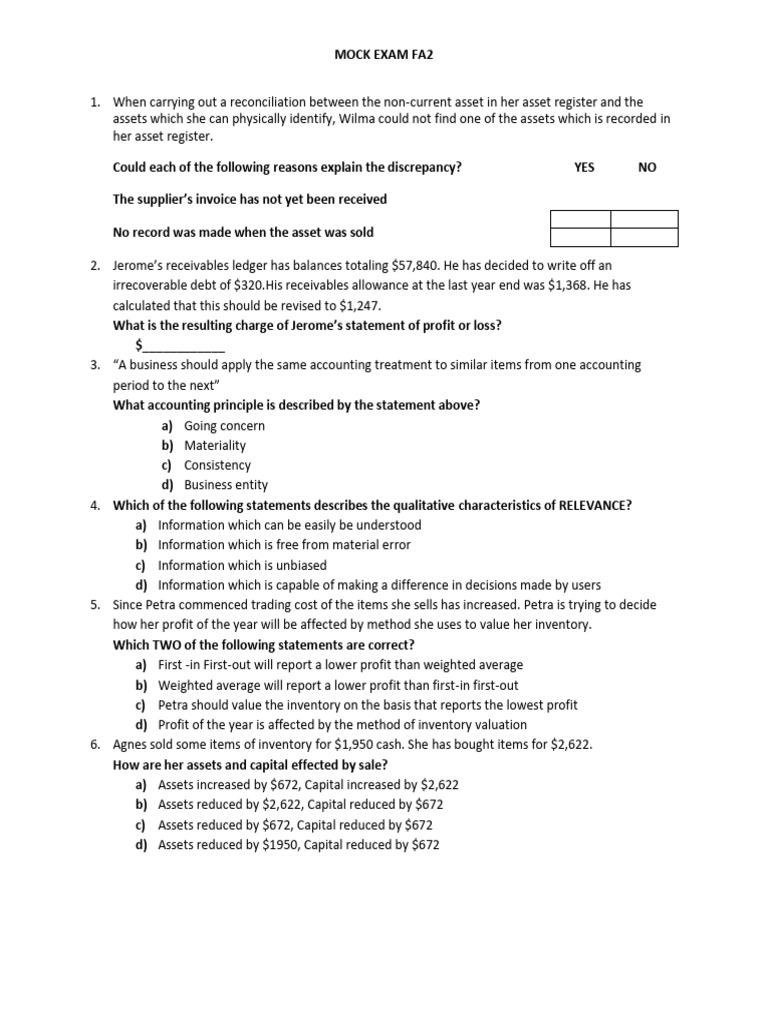 FA2 Mock Exam 1 | PDF | Debits And Credits | Accounts Payable