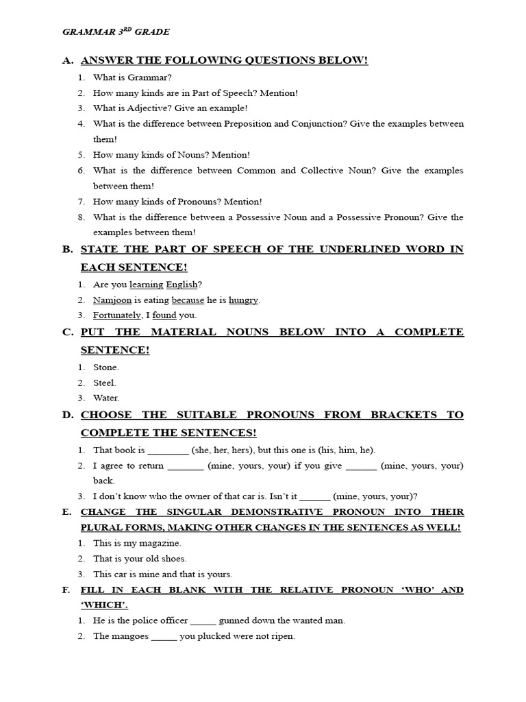 3rd Grade Grammar Exercises PDF | PDF | Language Arts & Discipline ...