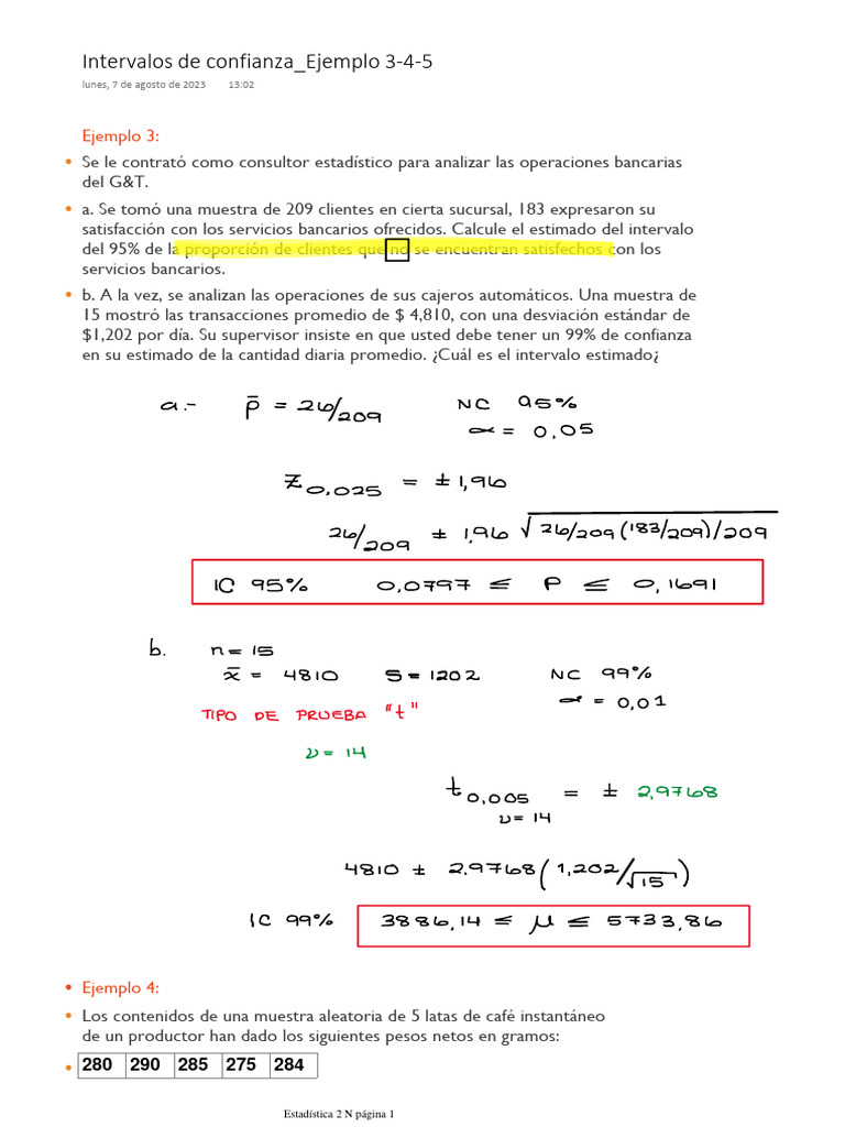 Intervalos de confianza_Ejemplo 3-4-5 | PDF | Intervalo de confianza | Desviación Estándar