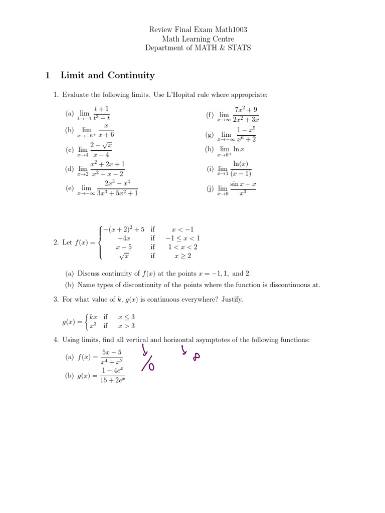 1 Limit and Continuity: Review Final Exam Math1003 Math Learning Centre Department of MATH ...