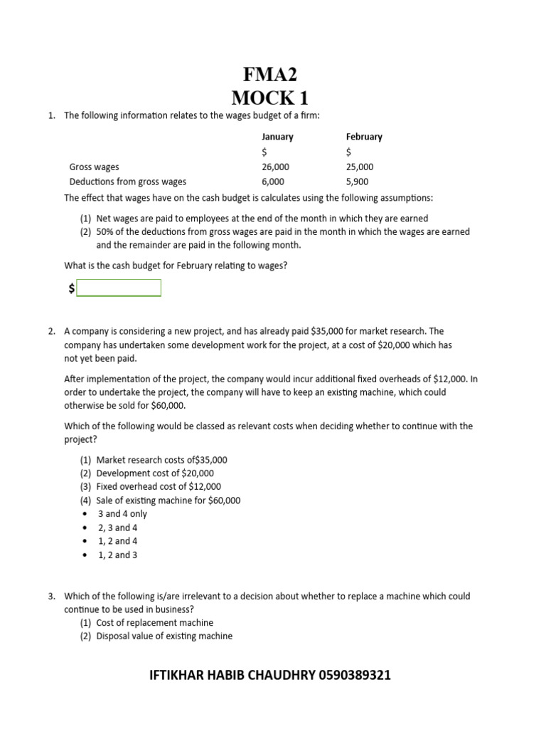 Fma2 Mock 1 | Download Free PDF | Net Present Value | Cost Of Goods Sold