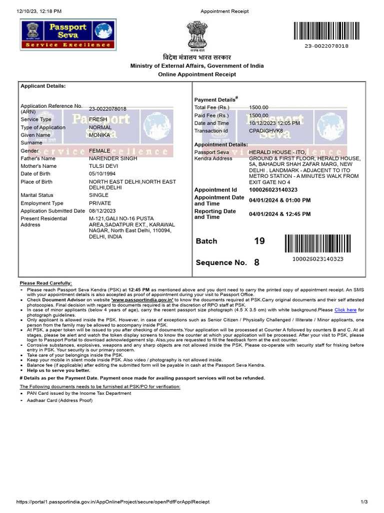 Appointment Receipt 12 | PDF | Identity Document | Birth Certificate
