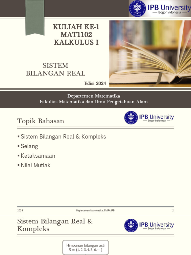 Slide Kuliah Ke-1 MAT1102 Kalkulus I - Edisi 2024 | PDF