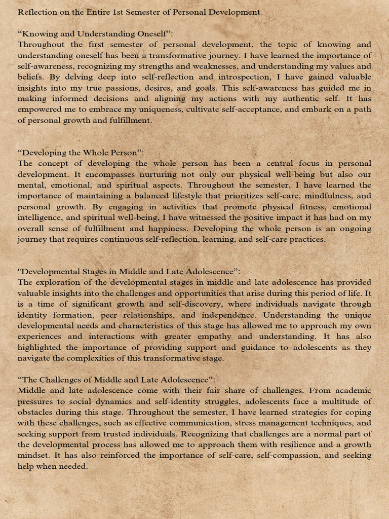 Reflection On The Entire 1st Semester of Personal Development "Knowing and - 20240120 - 214736 ...