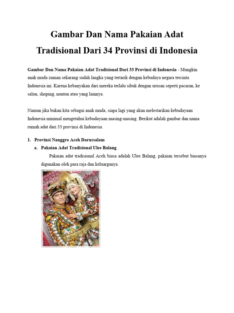Pakaian Adat 34 Provinsi Indonesia | PDF