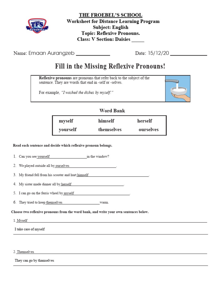 The Magic Paintbrush, Reflexive Pronouns Worksheet | PDF