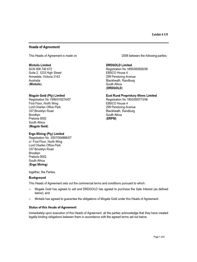 Heads of Agreement | Download Free PDF | Guarantee | Law And Economics