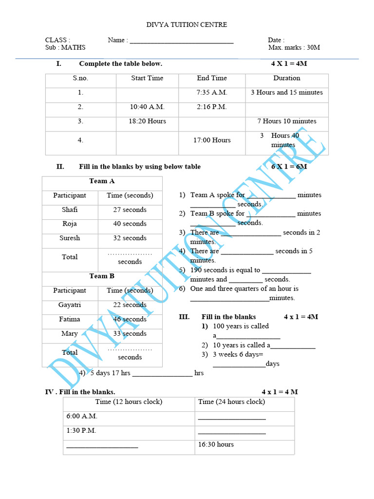 Time and Calendar Worksheet for Class 4 | PDF
