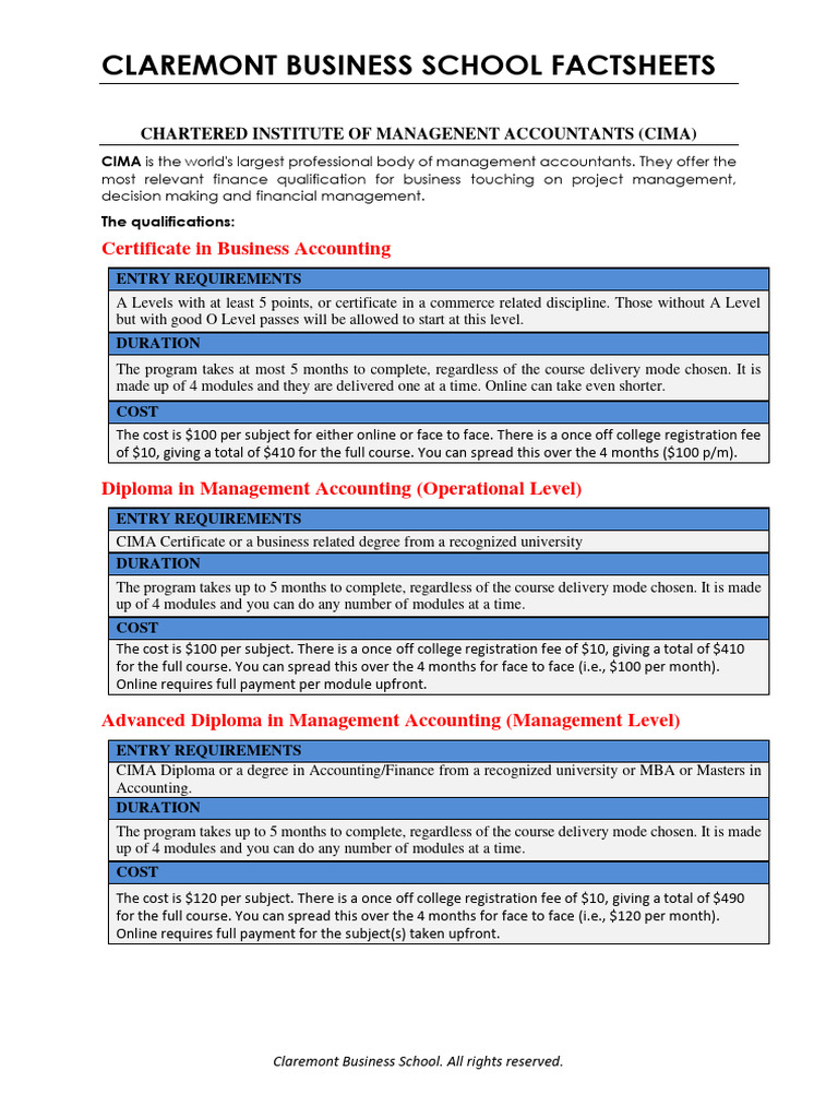 CBS Factsheet - Cima | PDF | Management Accounting | Accounting