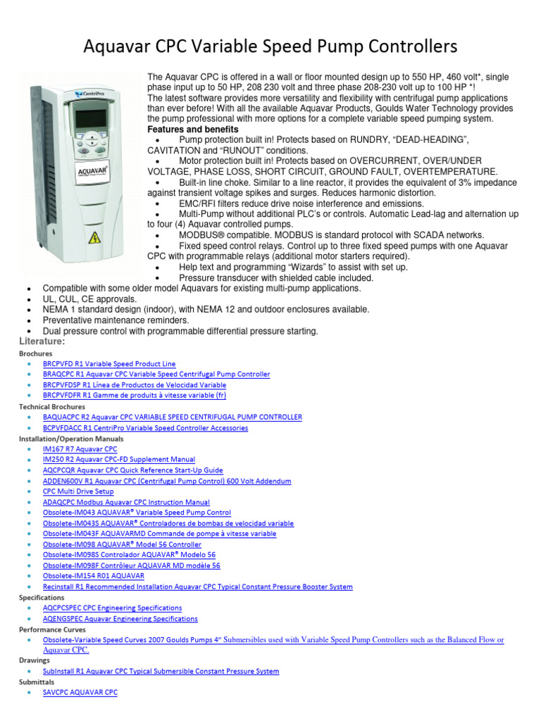 Aquavar CPC Variable Speed Pump Controllers | PDF | Electromagnetic ...