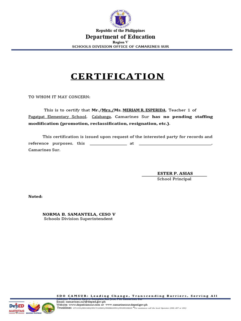 Certification of No Pending Staffing Modification | PDF