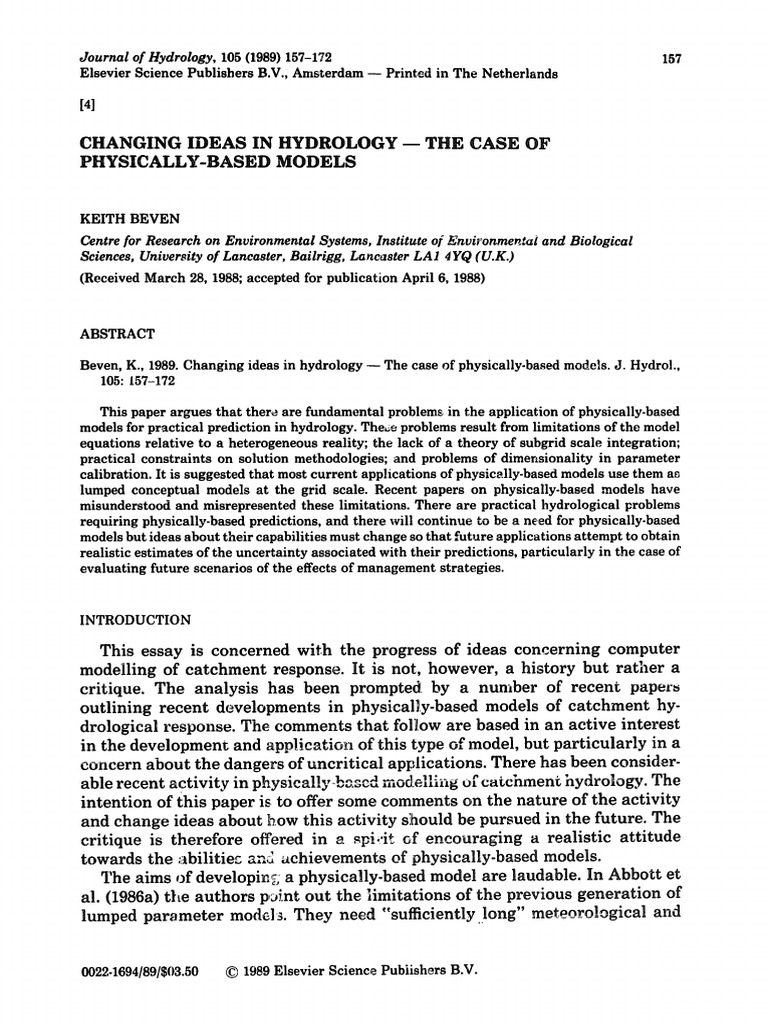 Beven (1989) - Changing Ideas in Hydrology - The Case of Physically-Based Models | Download Free ...