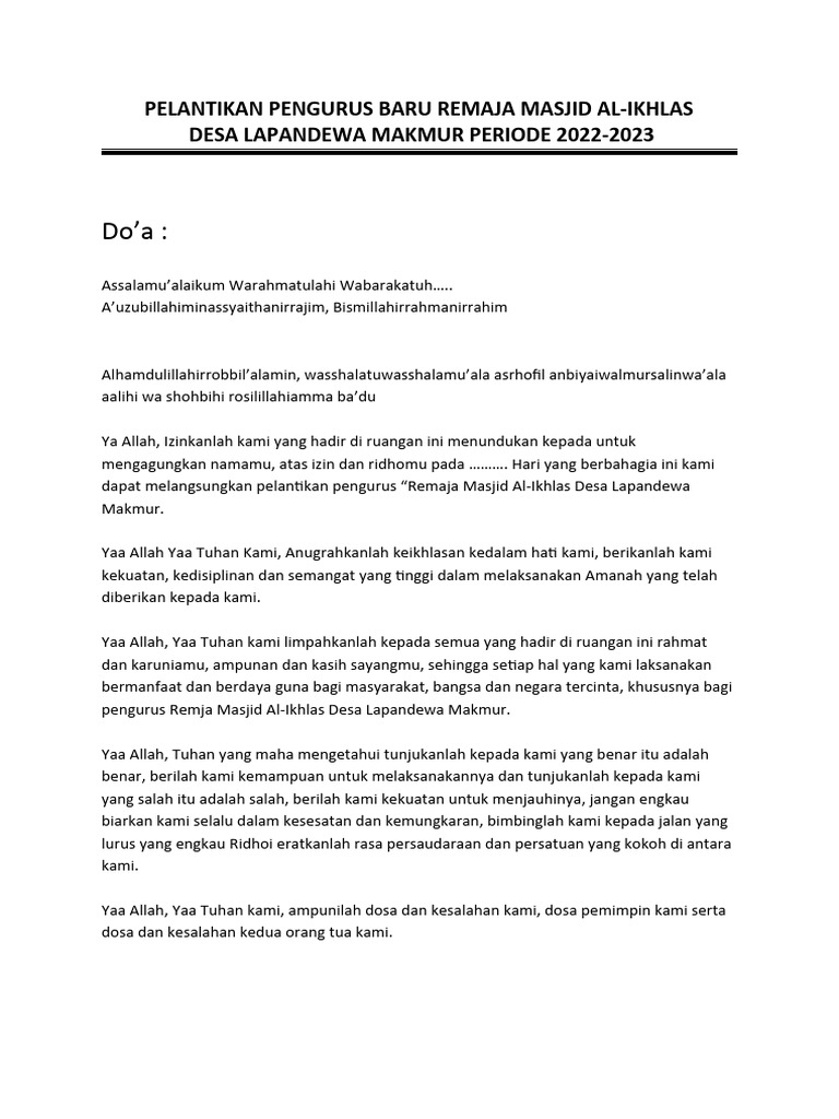 Pembacaan Do'a Pelantikan Pengurus Baru Remaja Masjid Al | PDF | Karier & Perkembangan | Agama ...