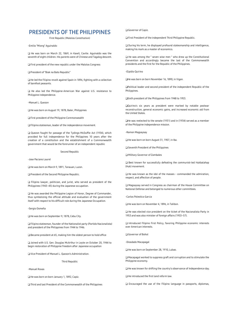 Notes - Presidents of The Philippines | PDF | Benigno Aquino Iii ...