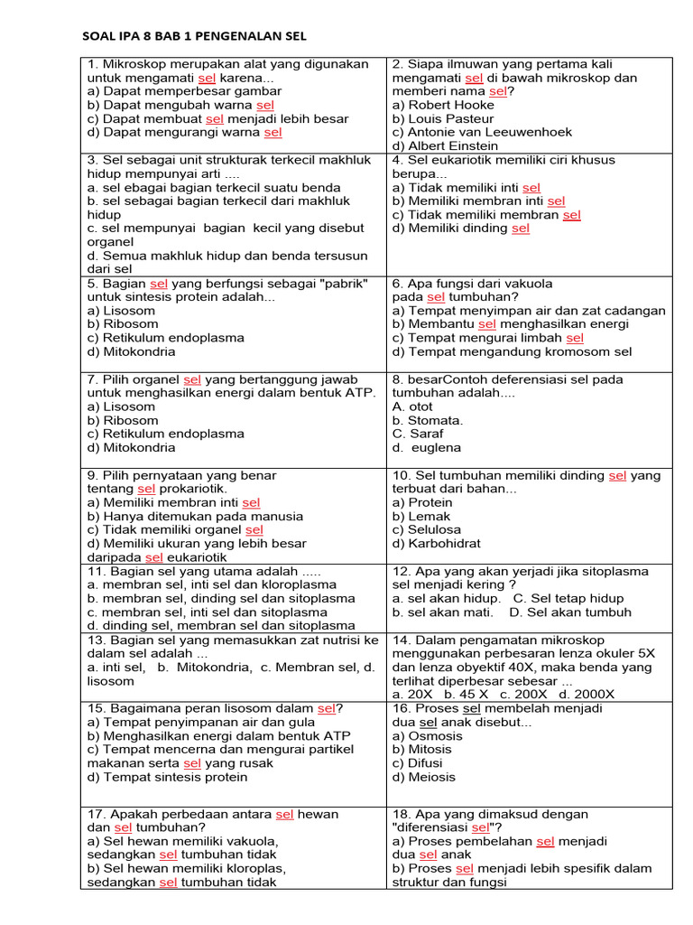 SOAL PH IPA 8 BAB 1 PENGENALAN SEL | PDF