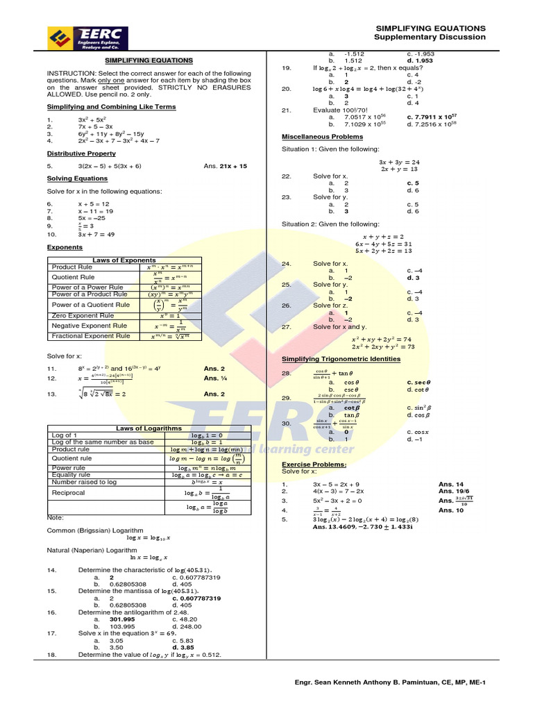 Supplementary Discussion Simplifying Equations Handout Pdf