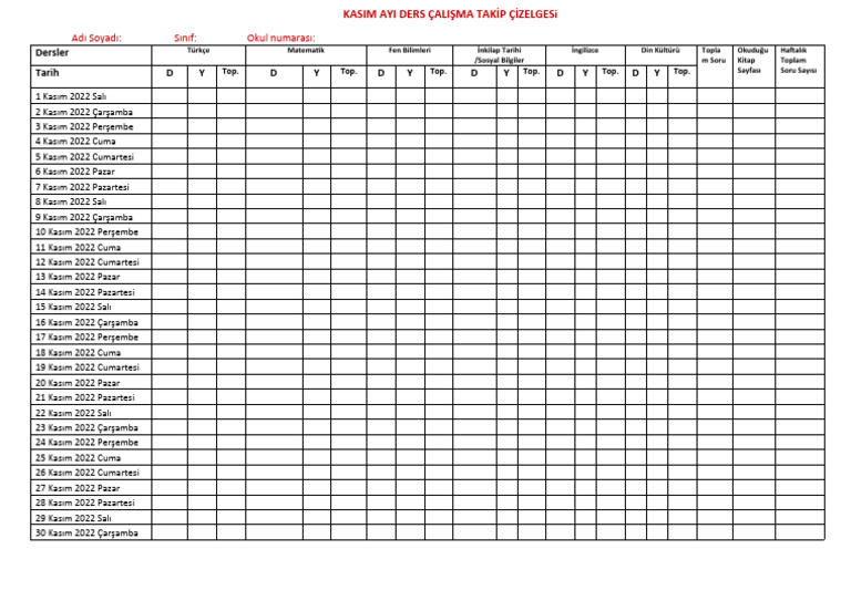 Kasim Ders Calisma Cizelgesi Kopya 4 | PDF