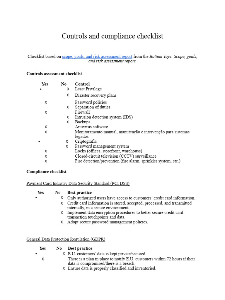 Botium Toys Checklist | PDF | National Security | Information Science