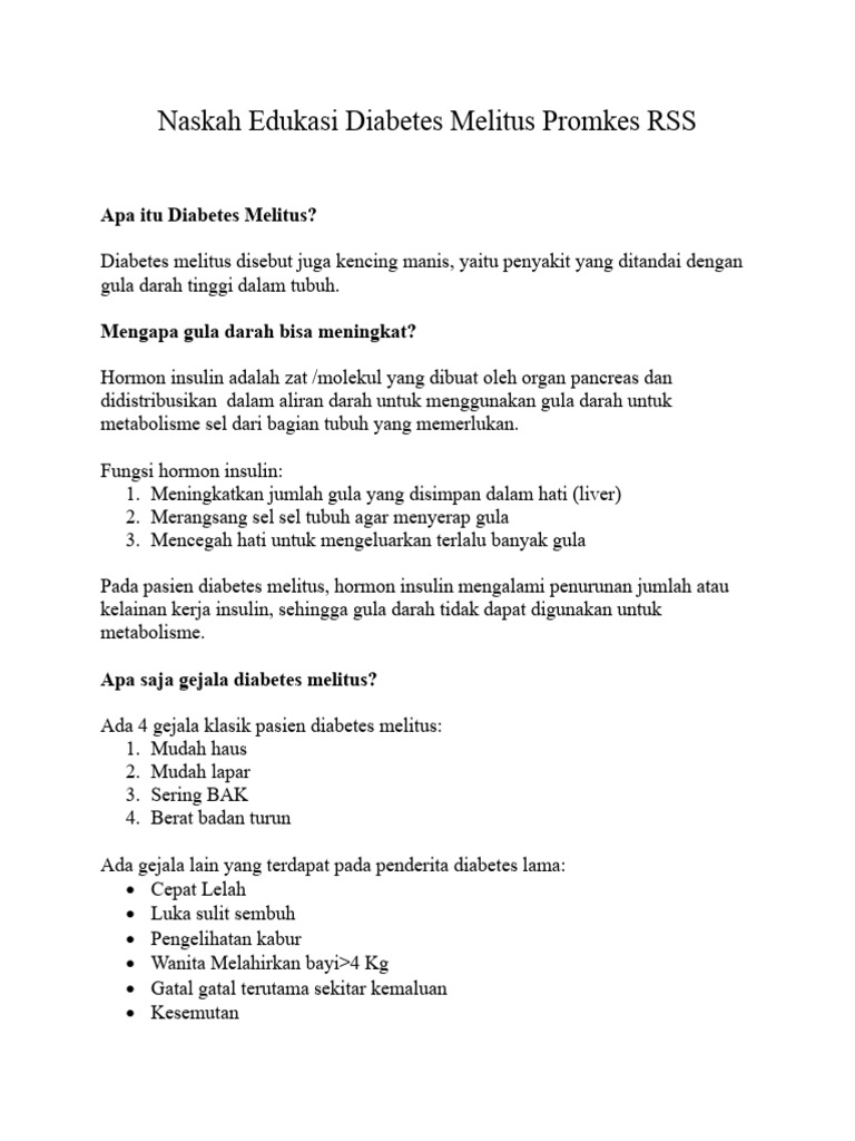 Naskah Edukasi Diabetes Melitus Promkes RSS | PDF
