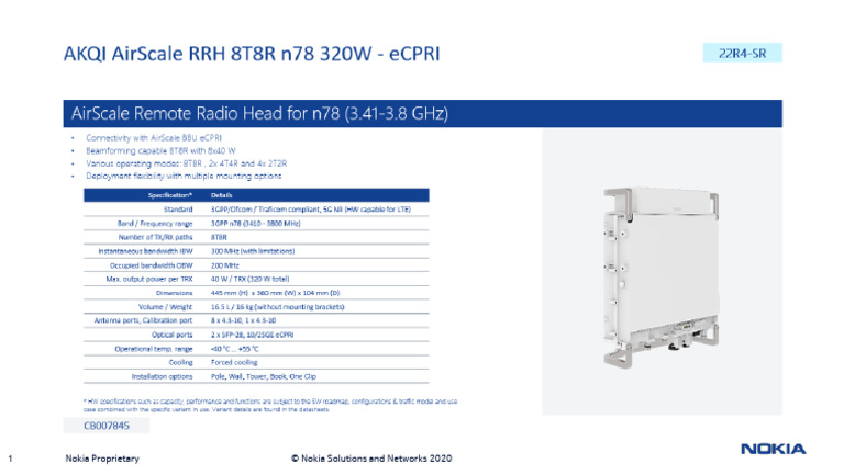 Nokia AKQI AirScale RRH 8T8R n78 320W Ds | PDF