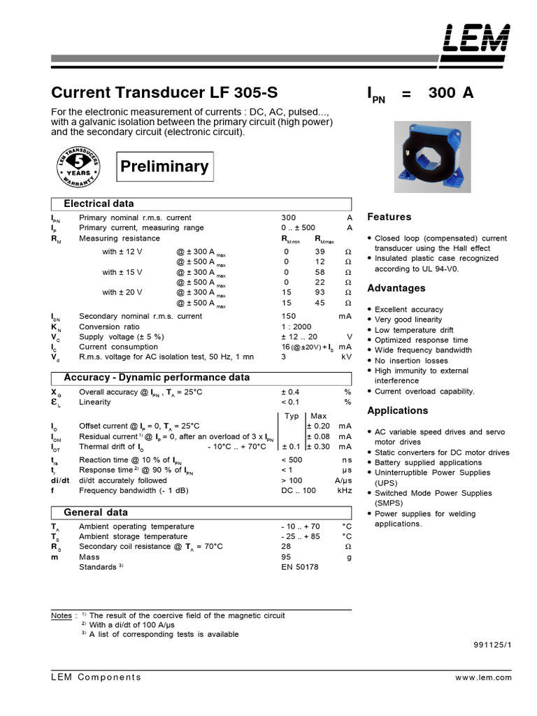 Current Transducer LF 305-S I 300 A | PDF | Power Supply | Alternating ...