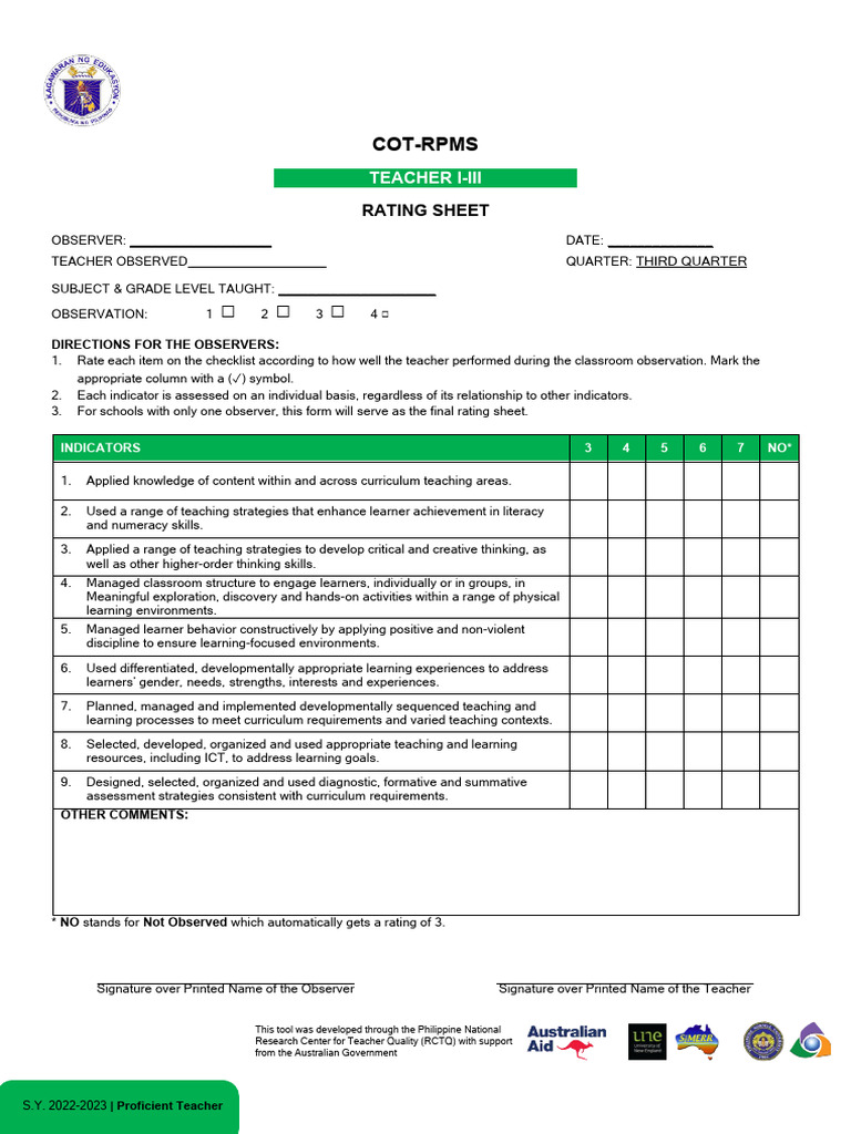 Teacher Observation Rating Sheet | PDF | Learning | Teachers