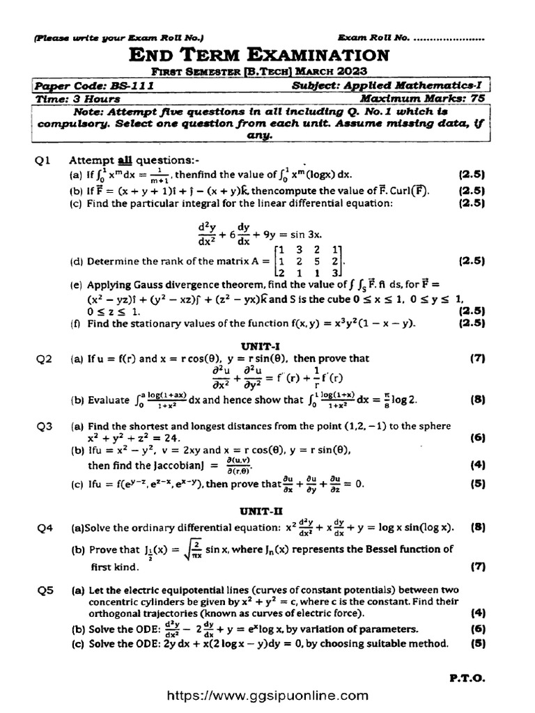 Btech 1 Sem Applied Mathematics 1 Bs 111 Mar 2023 | PDF