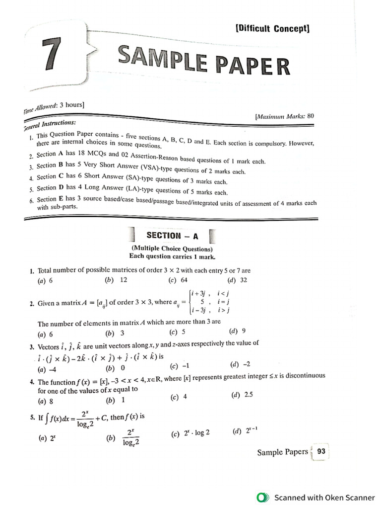 12 Maths Sample Paper 4 | PDF