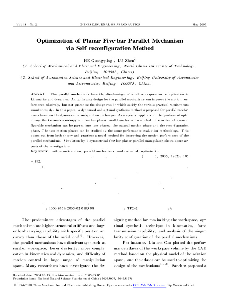 Optimization of Planar Five Bar Parallel Mechanism V 2005 Chinese ... Optimization of Planar Five Bar Parallel Mechanism V 2005 Chinese ...