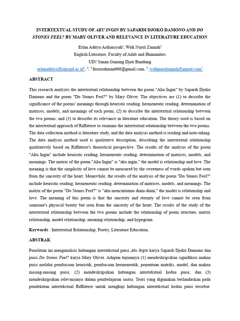 Intertextual Study of Aku Ingin by Sapardi Djoko Damono and Do Stones Feel? by Mary Oliver and ...