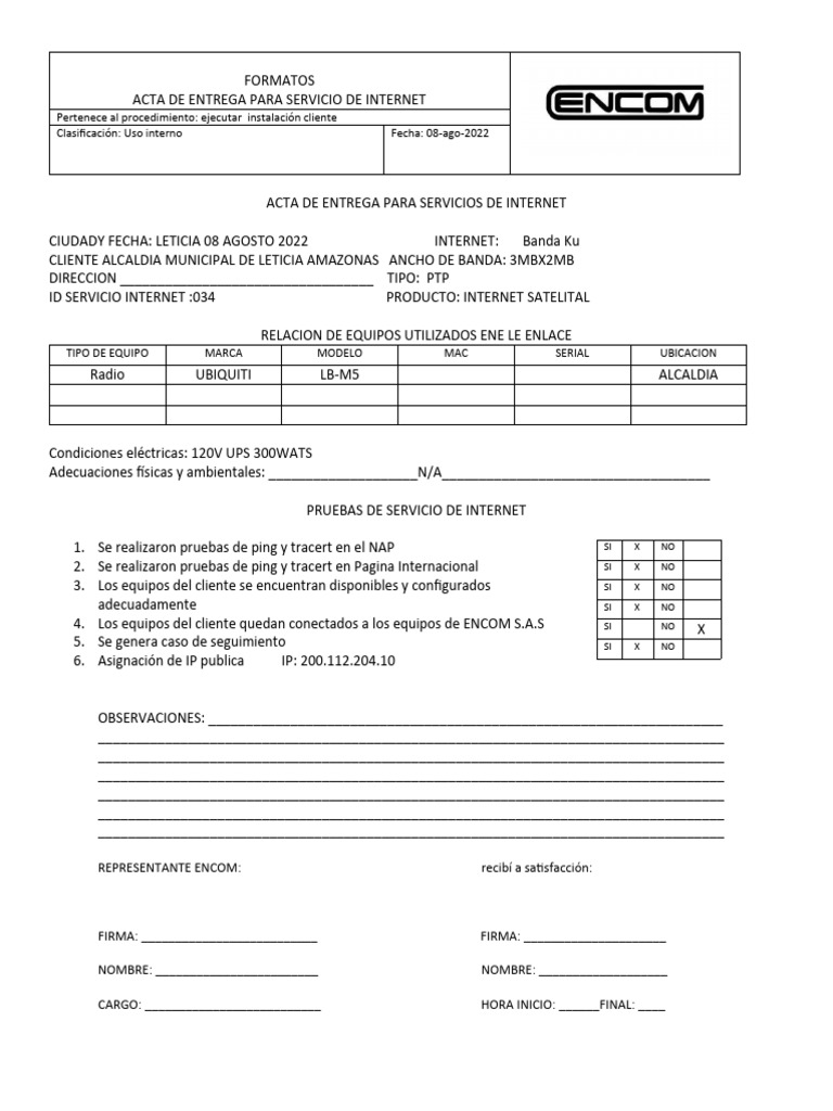 Acta de Instalacion | Descargar gratis PDF | Estándares de internet ...