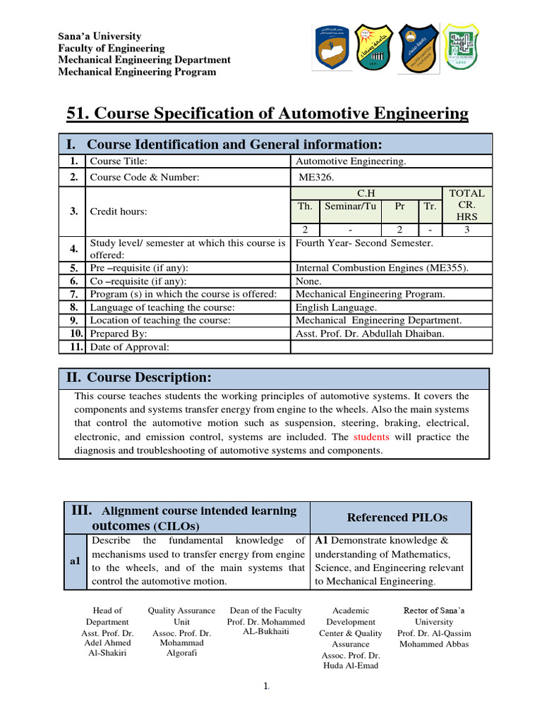 Course Specification of Automotive Engineering | PDF | Axle | Brake