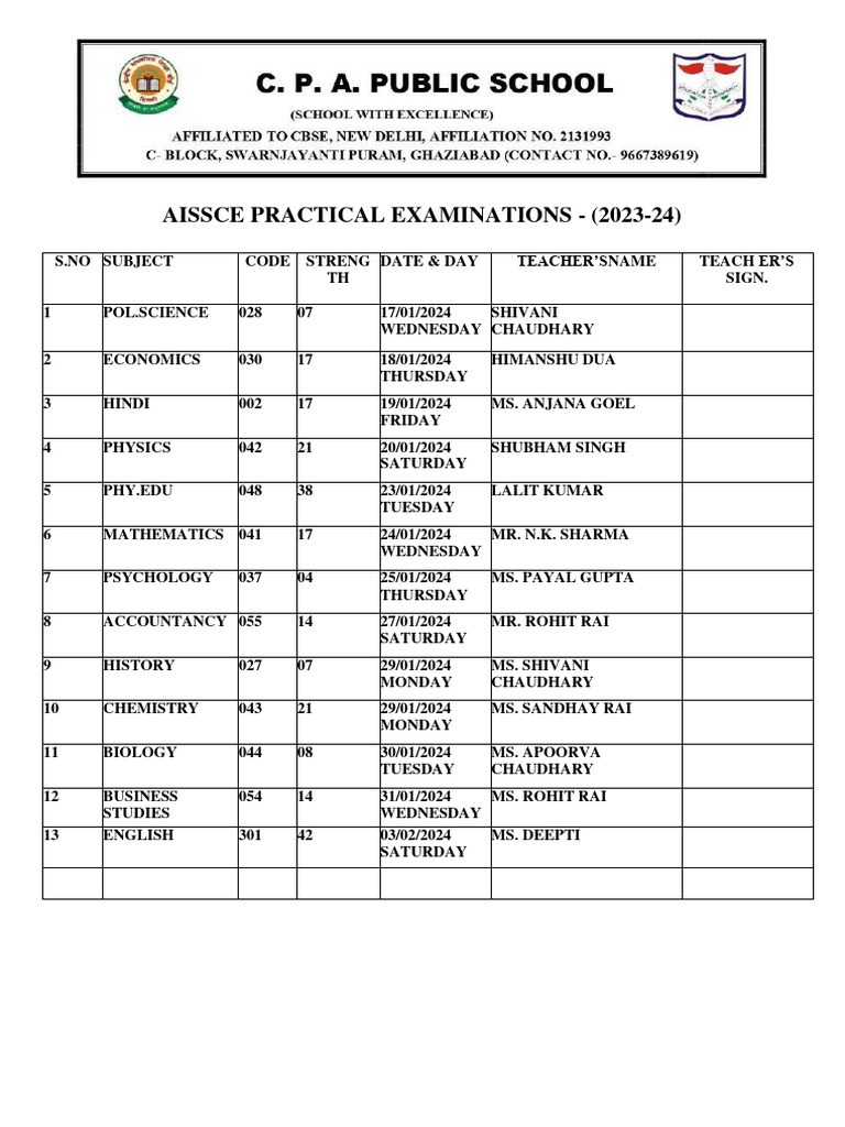 Aissce Practical Examinations (2023-24) | PDF Aissce Practical Examinations (2023-24) | PDF