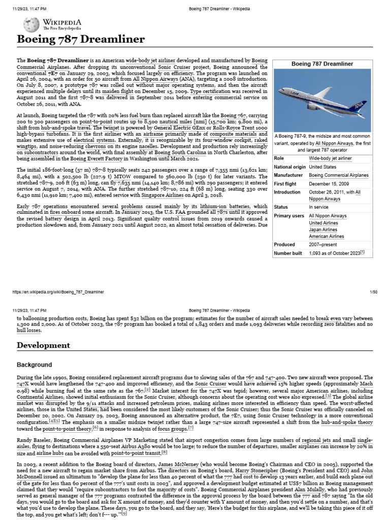Boeing 787 Dreamliner - Wikipedia | PDF | Aircraft | Aerospace