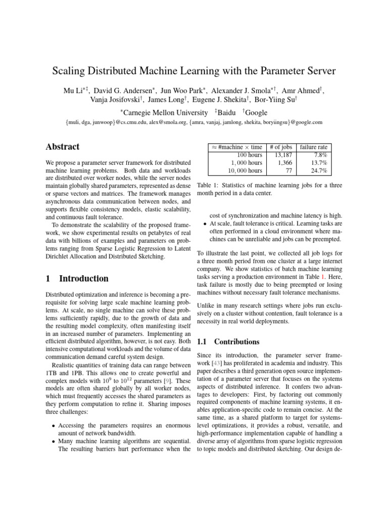 Scaling Distributed Machine Learning With The Parameter Server Pdf Machine Learning Algorithms