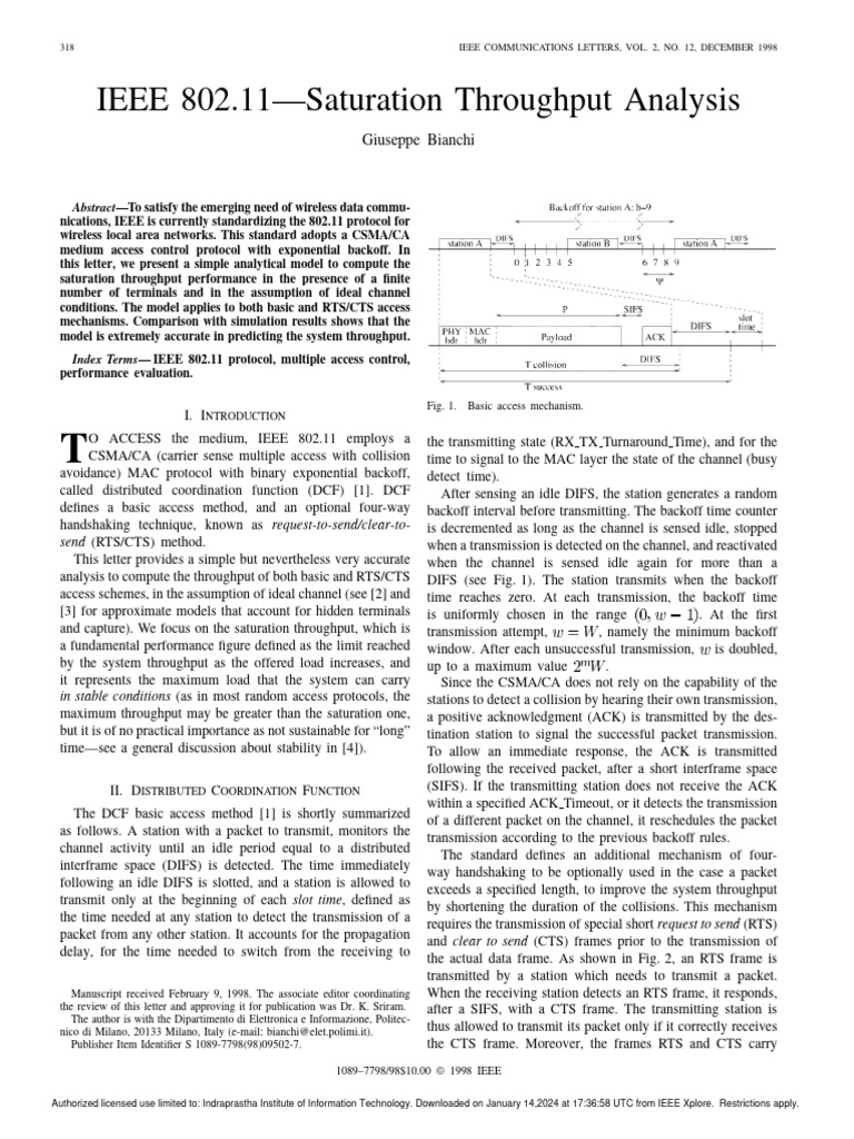 Ieee 802 11 Saturation Throughput Analysis Pdf Ieee 802 11 Communications Protocols